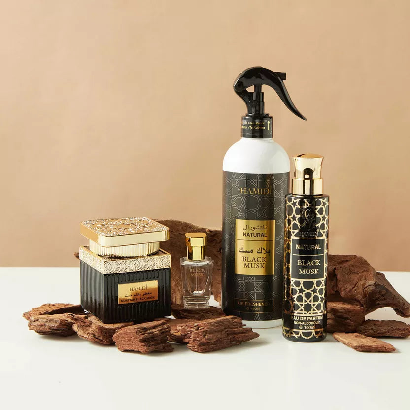 Hamidi Natural Black Musk 4pcs Gift Set- : A/F 480ML + 50GM Muattar + – Khan El Khalili Warehouse